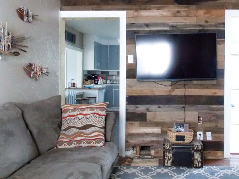 Finished pallet wall, stained with homemade stains.